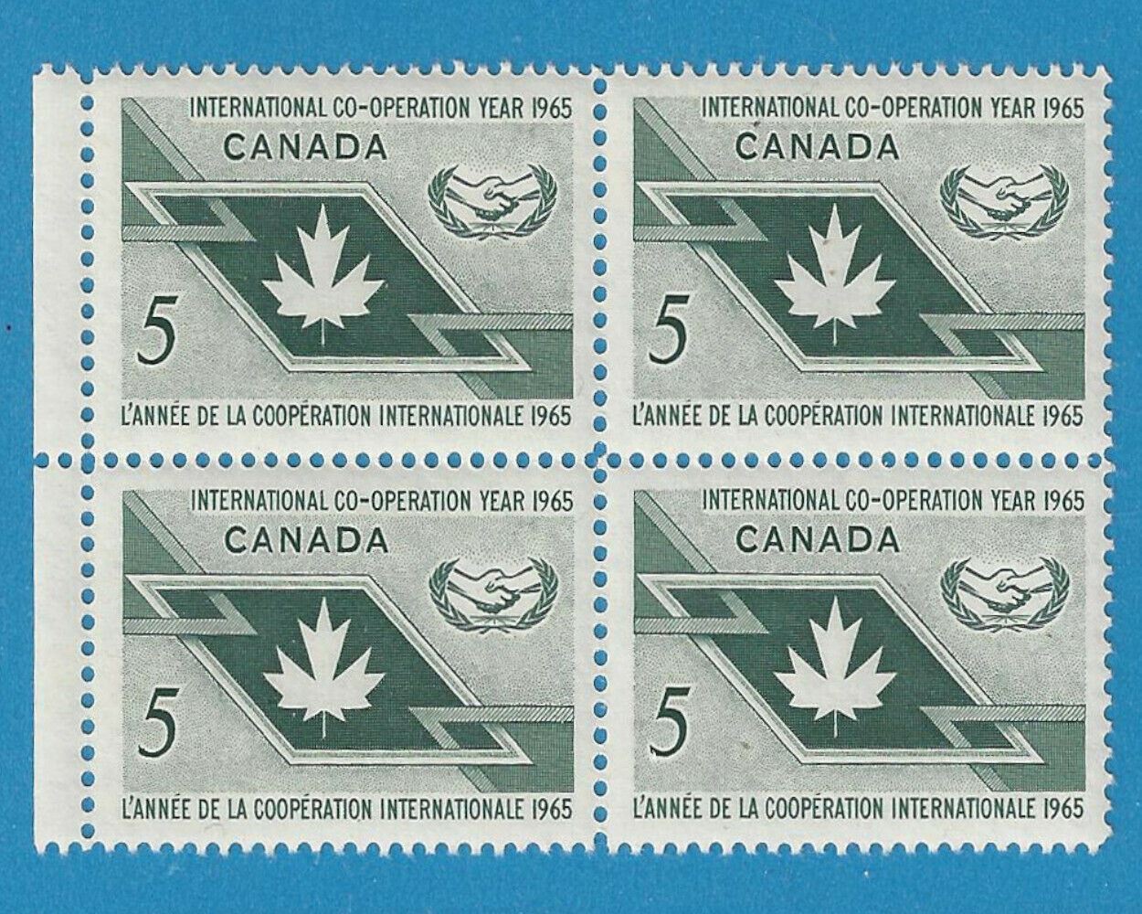 1965 Canada 5 Cent Stamp Maple Leaf And ICY Symbol Scott #437 Block 4-