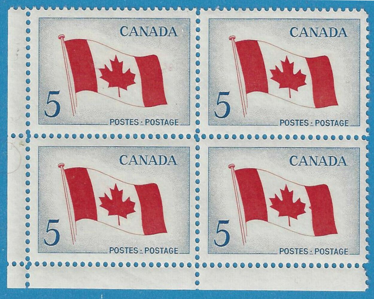 1965 Canada Stamp 5 Cent Canadian Flag Scott #439 Low Left Corner Of 4
